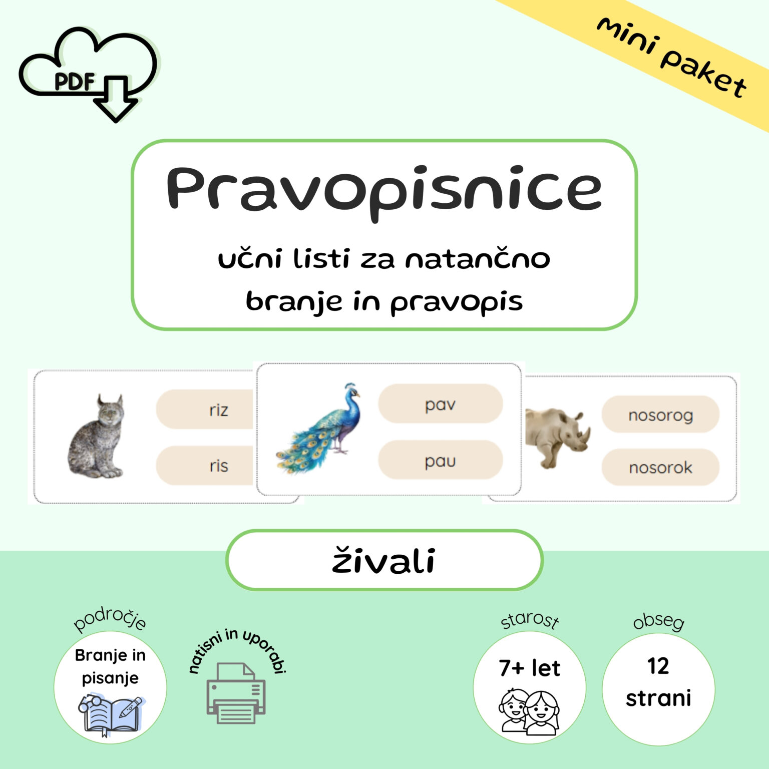 PRAVOPISNICE - učni listi za natančno branje in pravopis - ŽIVALI ...
